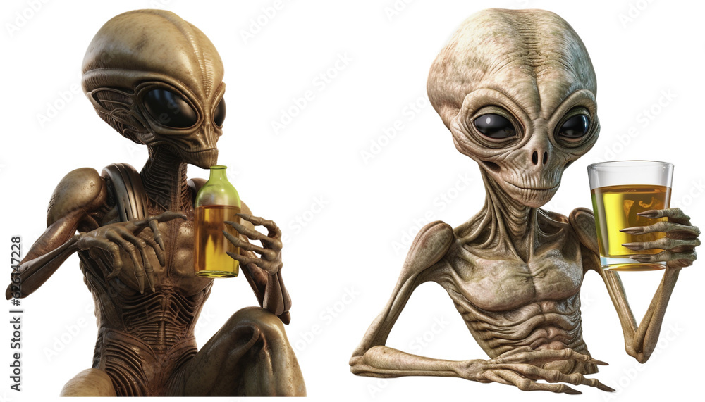 cartoon, illustration of funny aliens with big eyes drinking beer and ...