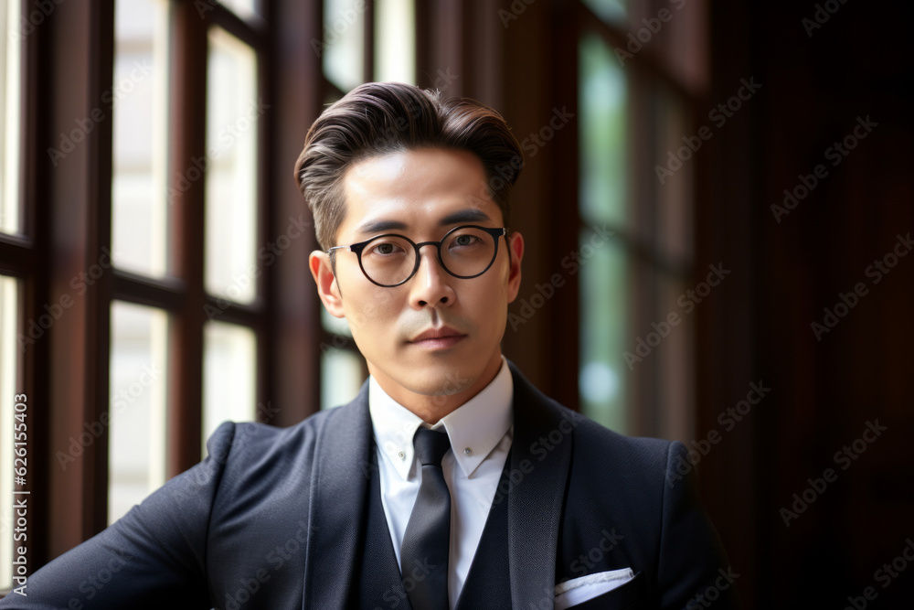 Portrait of an handsome Korean man in his 40s wearing glasses with ...