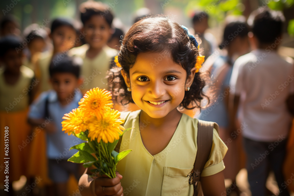 An Indian child on their first day of school, Flowers on hand to give ...