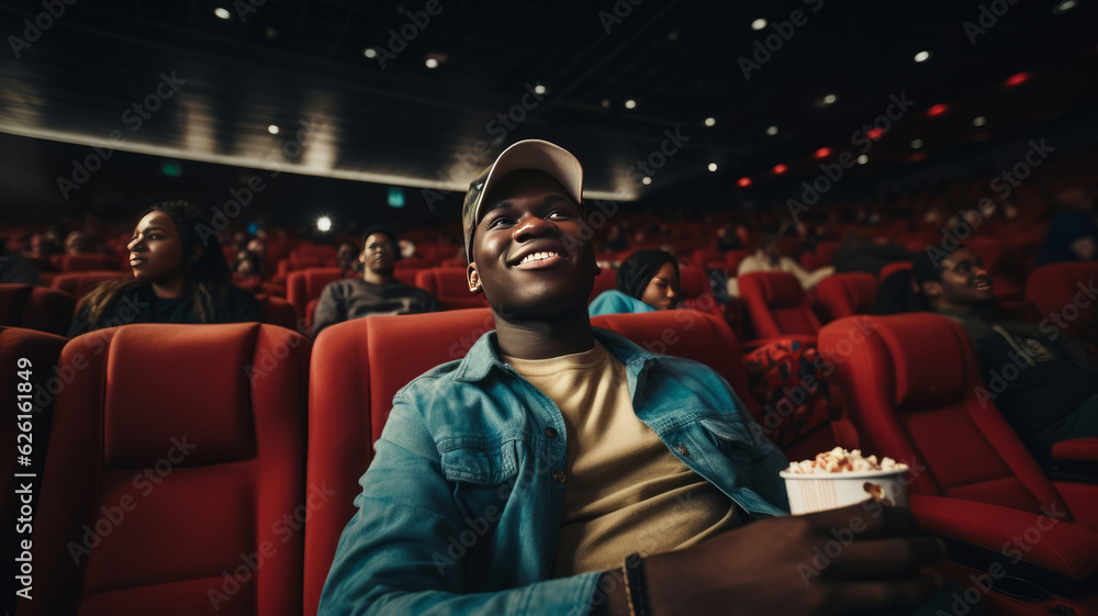 Black man eating popcorn in a movie theater, sitting and eating popcorn ...