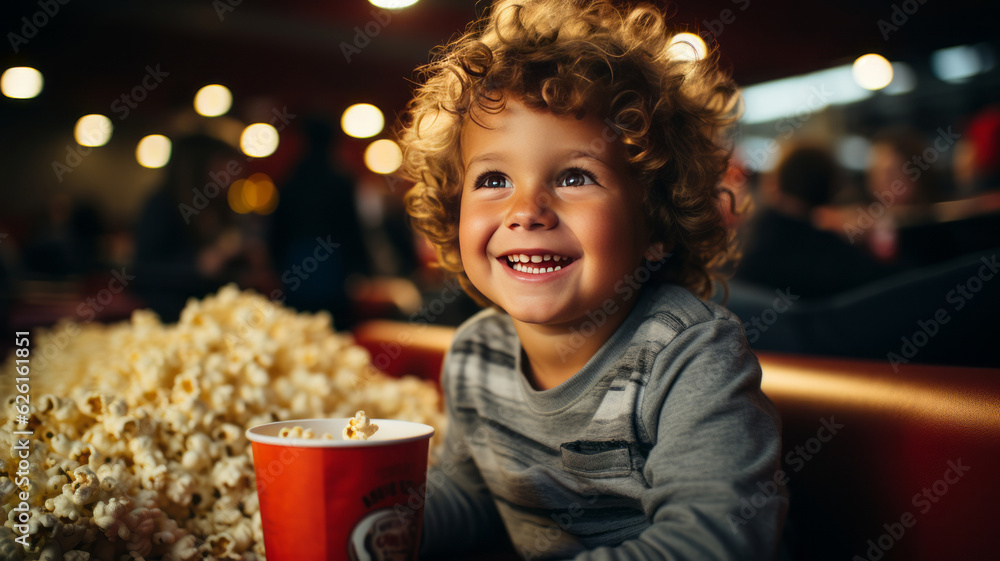 Child boy eating popcorn in a movie theater, sitting and eating popcorn ...
