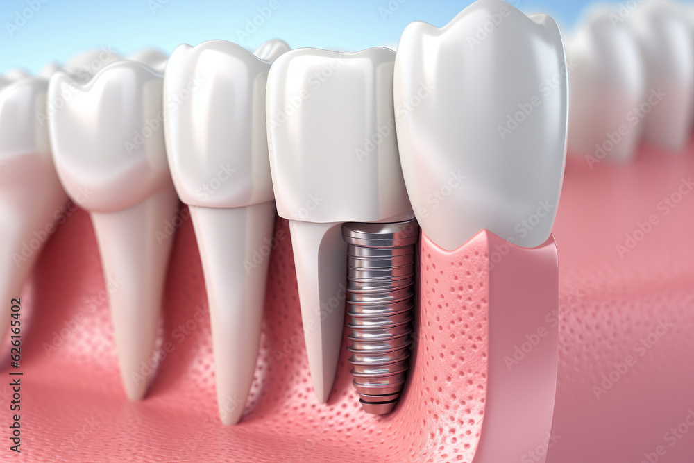 Dental implantation, teeth with implant screw, illustration. AI ...