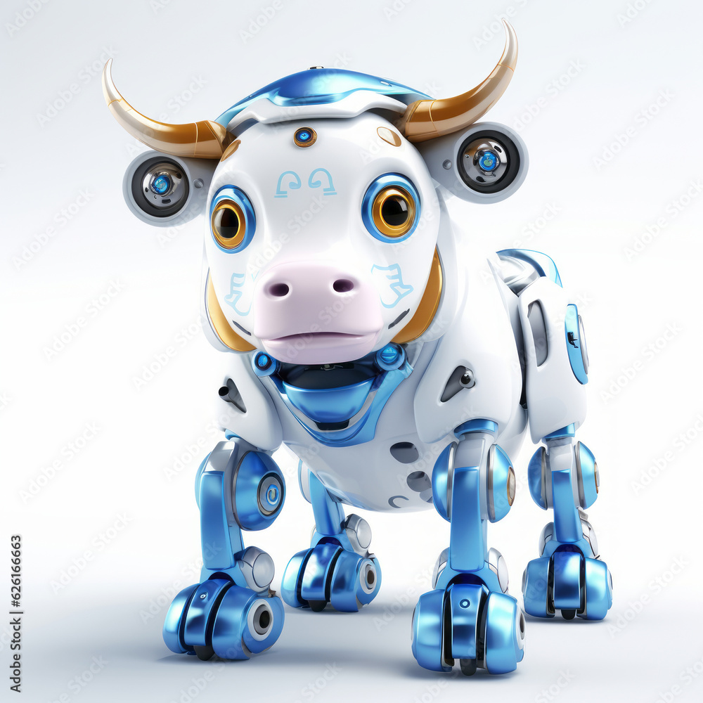 Cute cow robot, funny robotic animal isolated over white background. AI ...