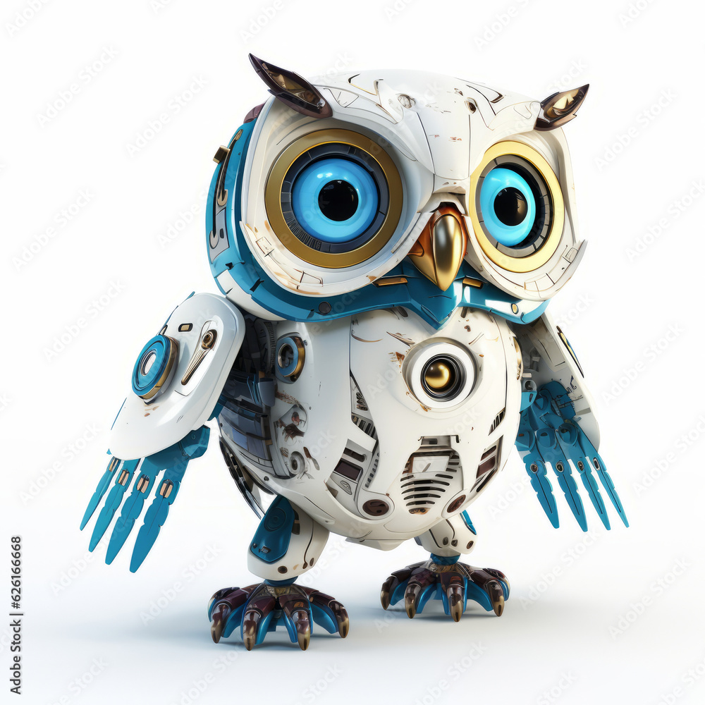 Charming owl robot robotic bird isolated over white background. AI ...