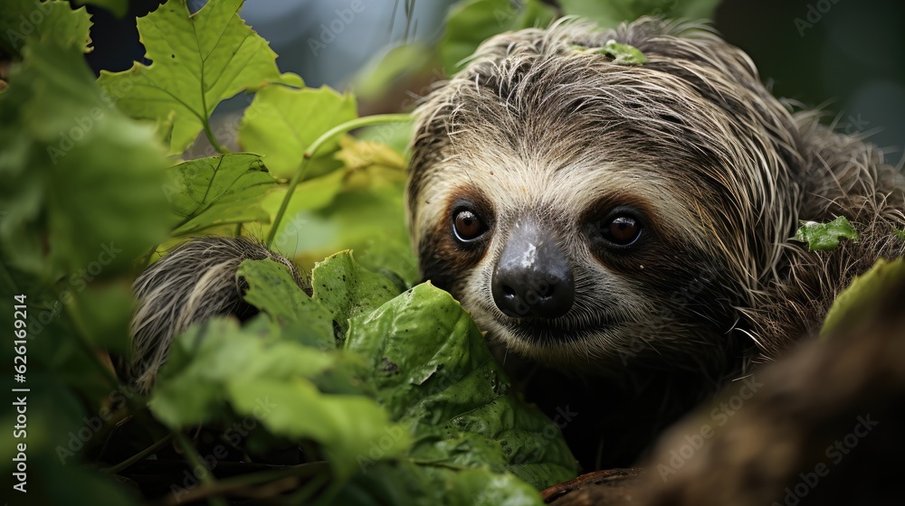 A Brown-throated Three-toed Sloth (Bradypus variegatus) hanging from a ...