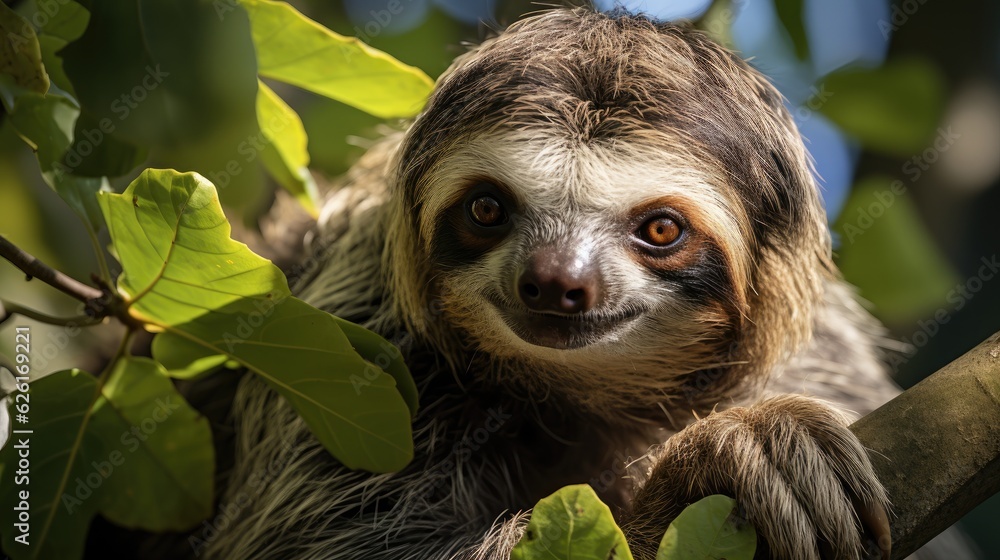 A Brown-throated Three-toed Sloth (Bradypus variegatus) hanging from a ...