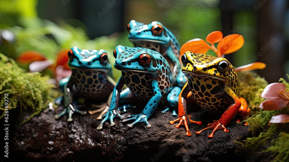 A group of Poison Dart Frogs (Dendrobatidae) hopping through the ...