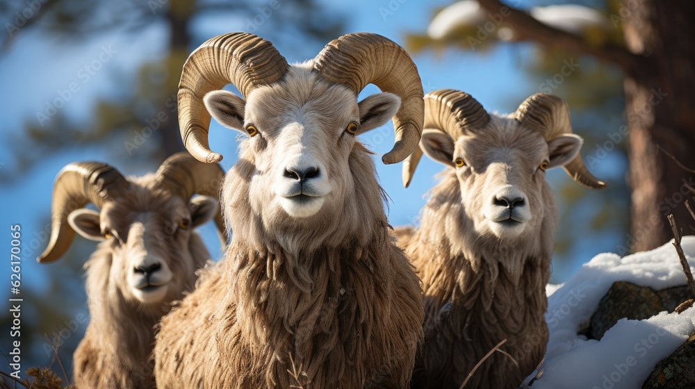 A group of Bighorn Sheep (Ovis canadensis) climbing the steep cliffs of ...