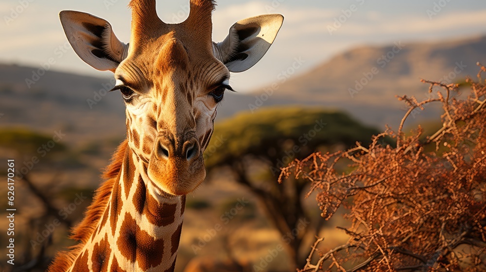 A Reticulated giraffe (Giraffa camelopardalis reticulata) grazing on ...