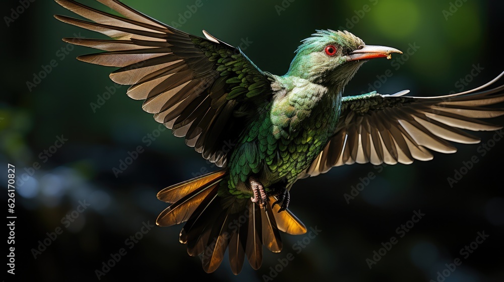 A quetzal (Pharomachrus mocinno) in flight in the cloud forests of ...