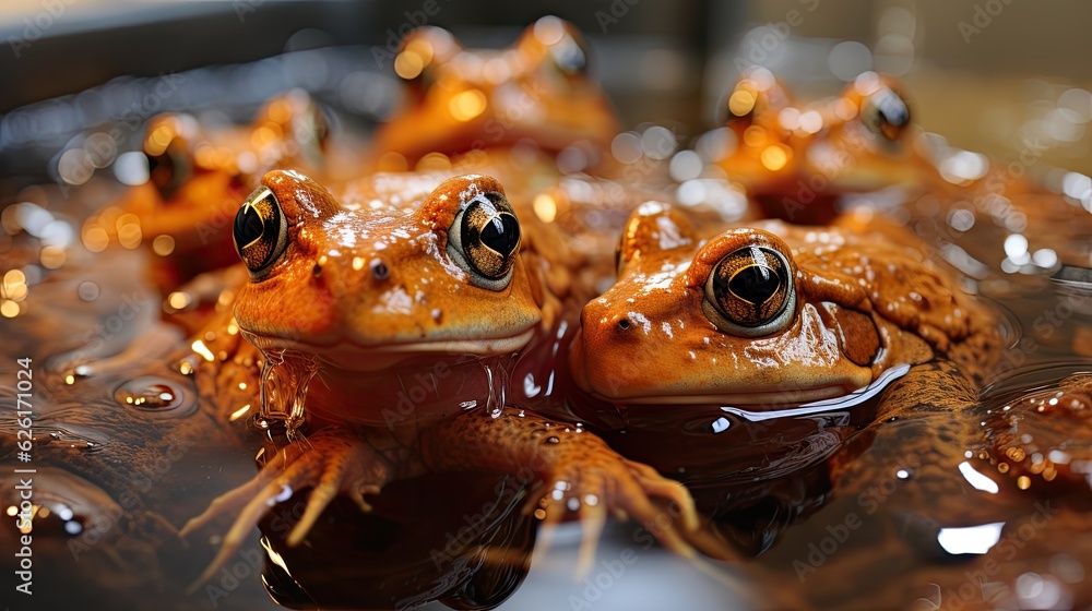 A group of Common Frogs (Rana temporaria) spawning in a pond in Europe ...