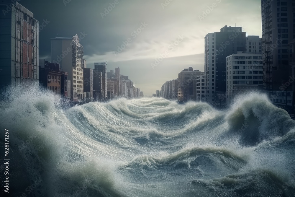 Concept art illustration of massive tsunami wave flooding big city ...