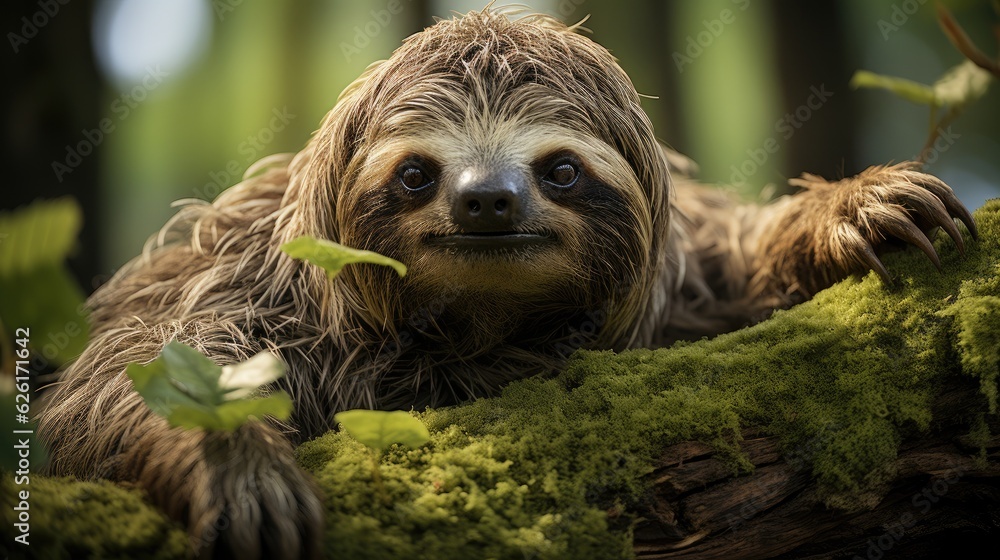 A slow-moving three-toed sloth (Bradypus variegatus) hanging from a ...