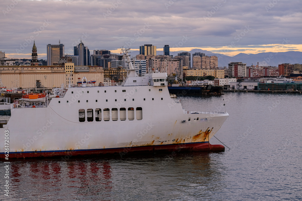 Passenger freighter roll on roll off ro-ro pax ferries in port of Genoa ...