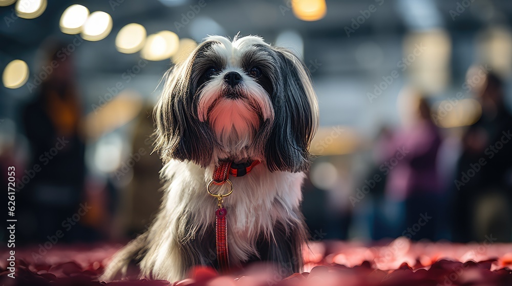 A Shih Tzu (Canis lupus familiaris) poised at a dog show, its long ...