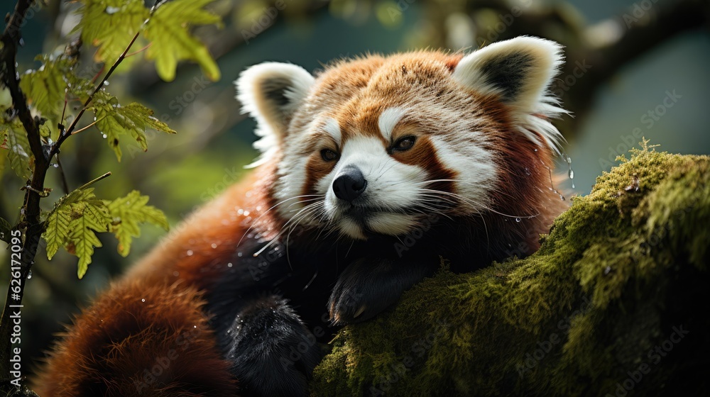A red panda (Ailurus fulgens) napping in the crook of a tree in the ...