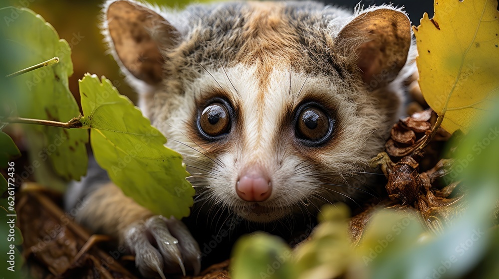 A Slow Loris (Nycticebus) peeking from a tree hollow in the rainforests ...