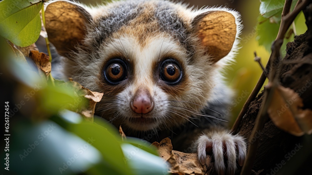 A Slow Loris (Nycticebus) peeking from a tree hollow in the rainforests ...