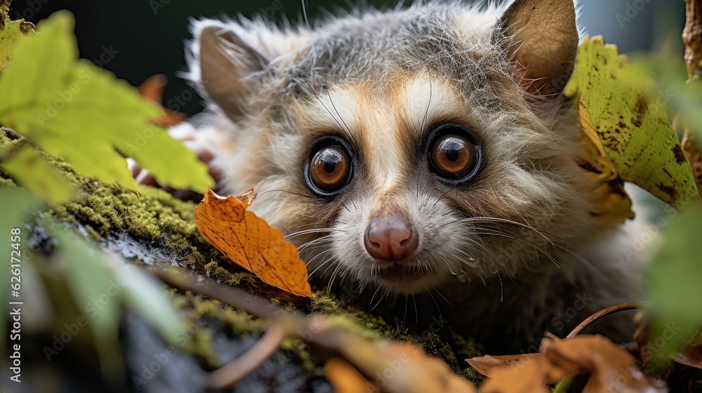 A Slow Loris (Nycticebus) peeking from a tree hollow in the rainforests ...