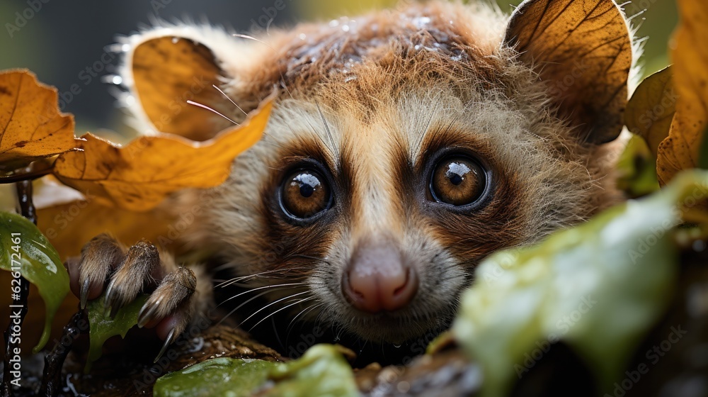 Ilustrace „A Slow Loris (Nycticebus) peeking from a tree hollow in the ...