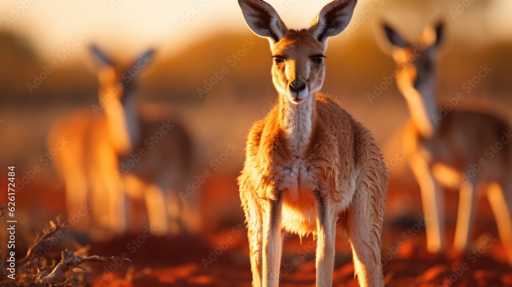 A red kangaroo (Macropus rufus) hopping across the red sands of ...