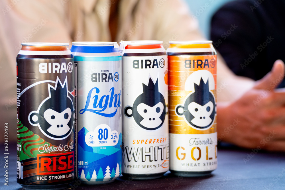 Range of Bira indian craft beer placed in an outdoor event showing ...