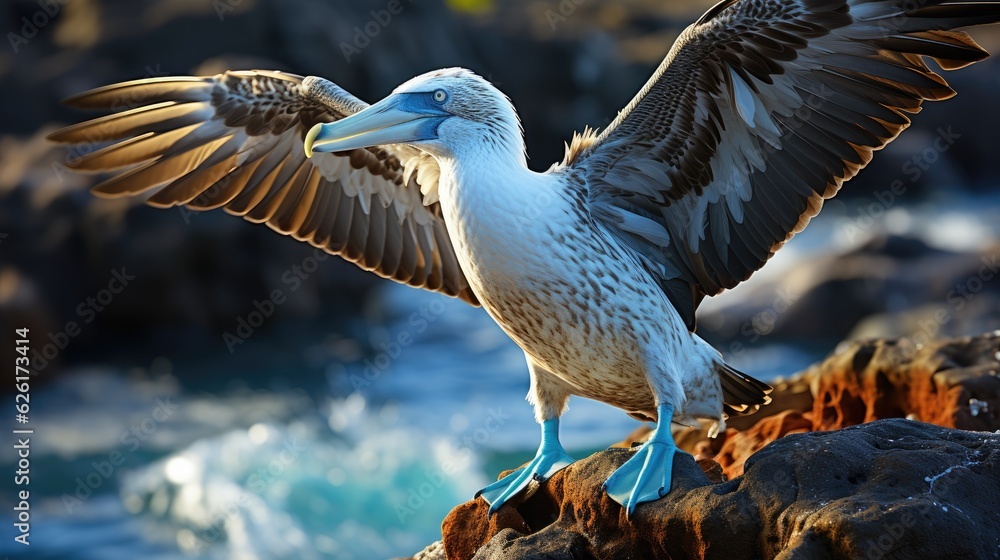 A blue-footed booby (Sula nebouxii) performing its distinctive mating ...