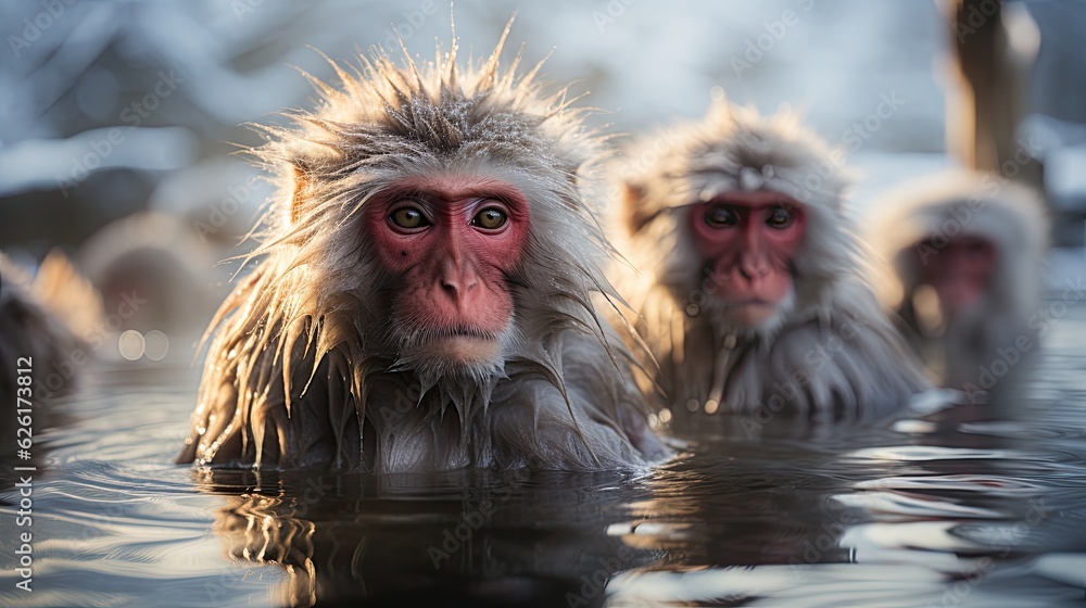 A group of Japanese Macaques (Macaca fuscata) bathing in the hot ...