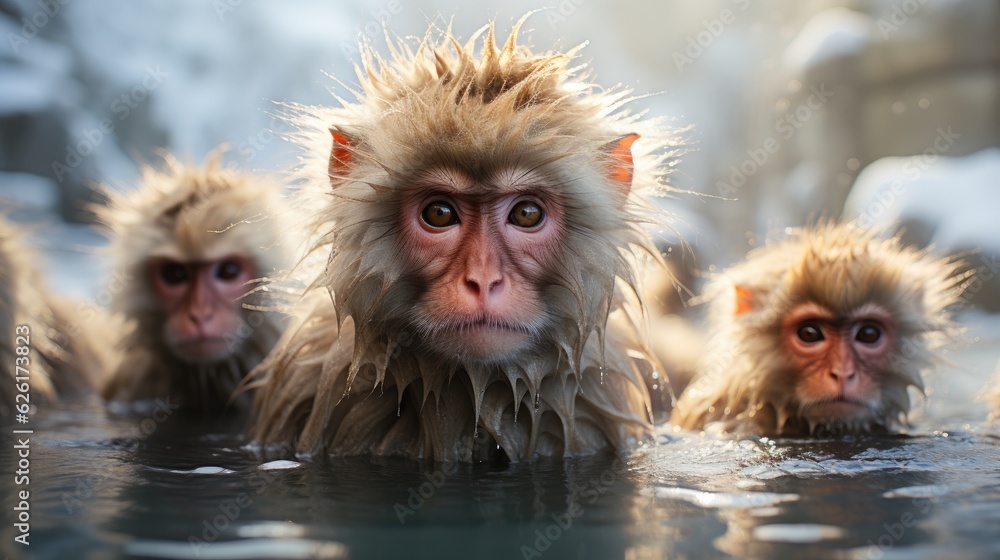A group of Japanese Macaques (Macaca fuscata) bathing in the hot ...