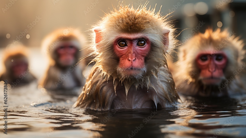 A group of Japanese Macaques (Macaca fuscata) bathing in the hot ...