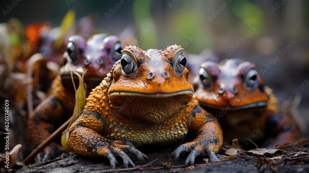 A group of Amazon Horned Frogs (Ceratophrys cornuta) lying in wait in ...