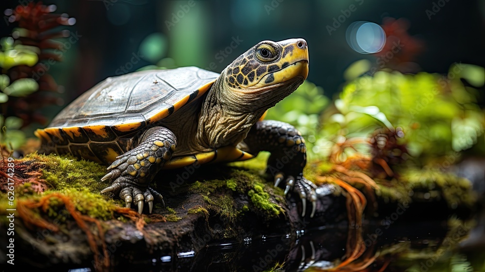 A Turtle (Testudines) basking on a log in an aquarium, its hard shell ...