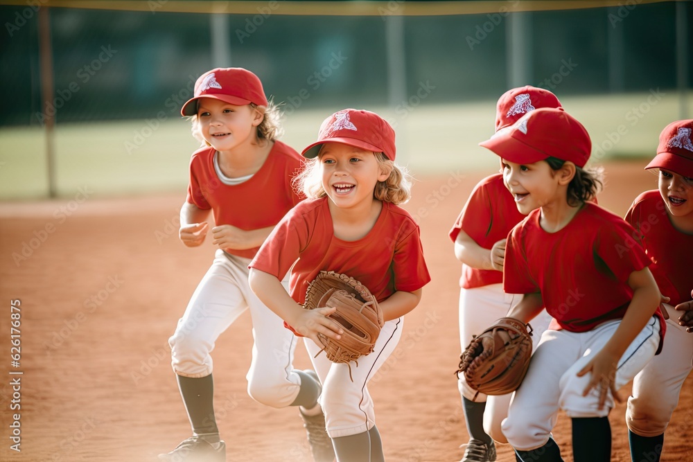 Elementary age children playing co-ed baseball, coaches, ballfield ...