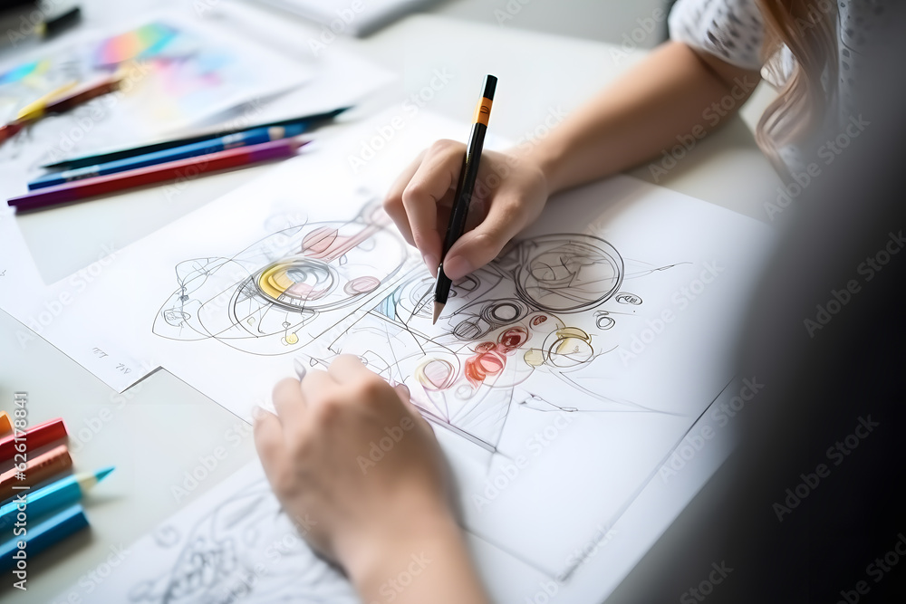 A graphic designer brainstorming ideas and sketching concepts for a new ...