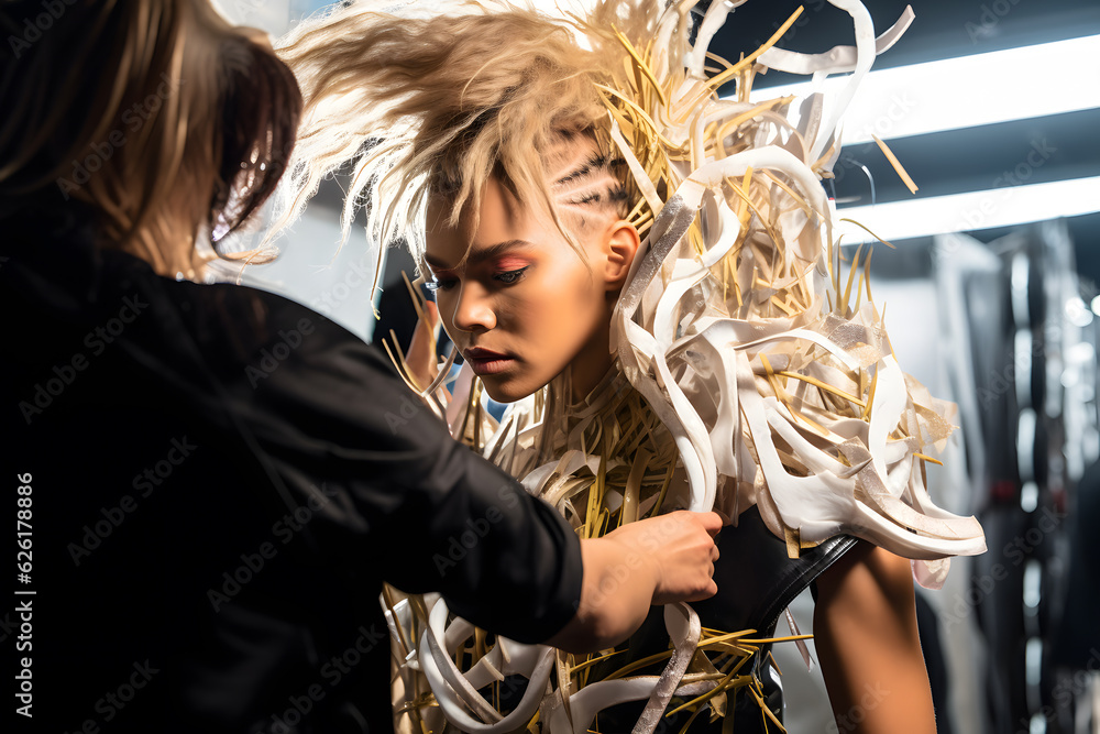A hairdresser working backstage at a fashion show, collaborating with a ...