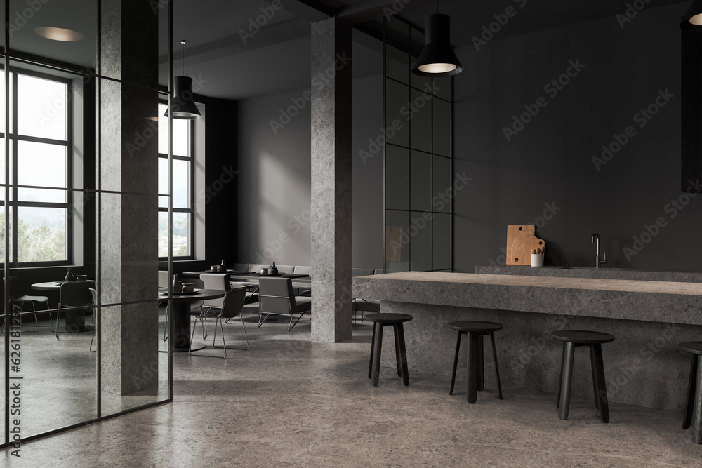 Gray coffee shop interior with bar counter and tables Stock ...