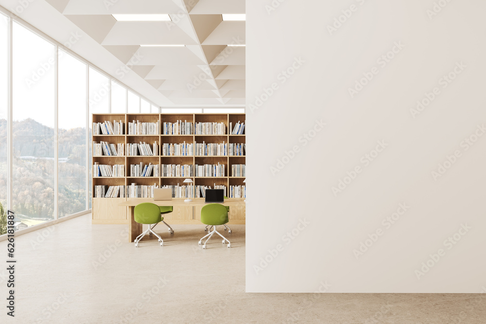 White public library reading room interior with table and blank wall ...