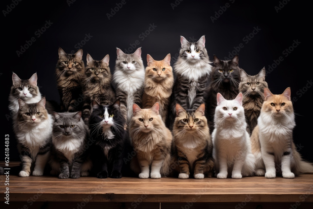 Funny many cats of various breeds and colors, looking expectantly at ...