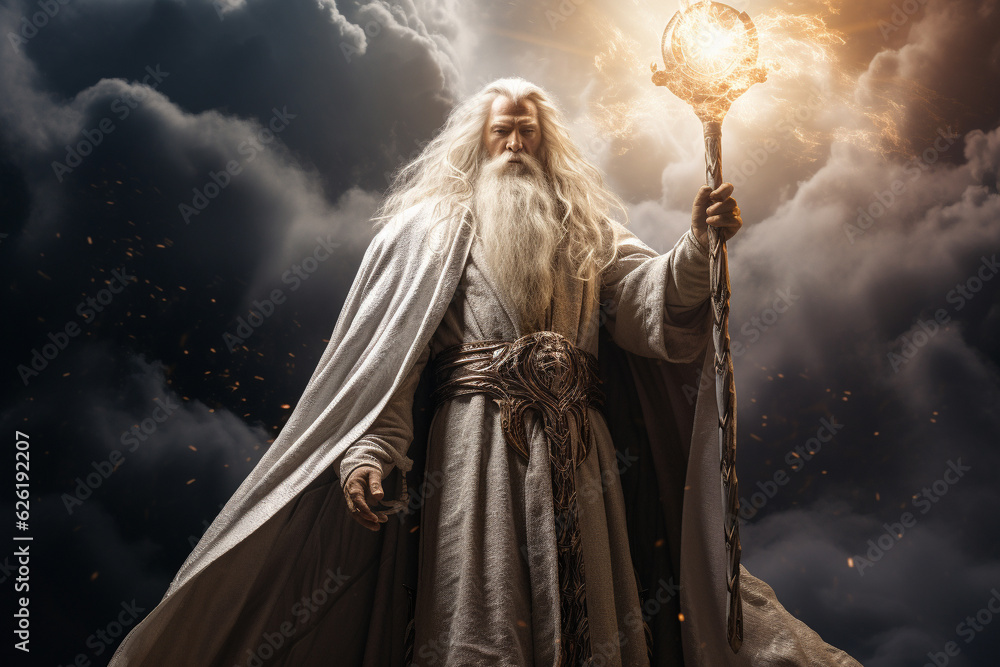 White-bearded wizard dressed in flowing white robes, casting a powerful ...