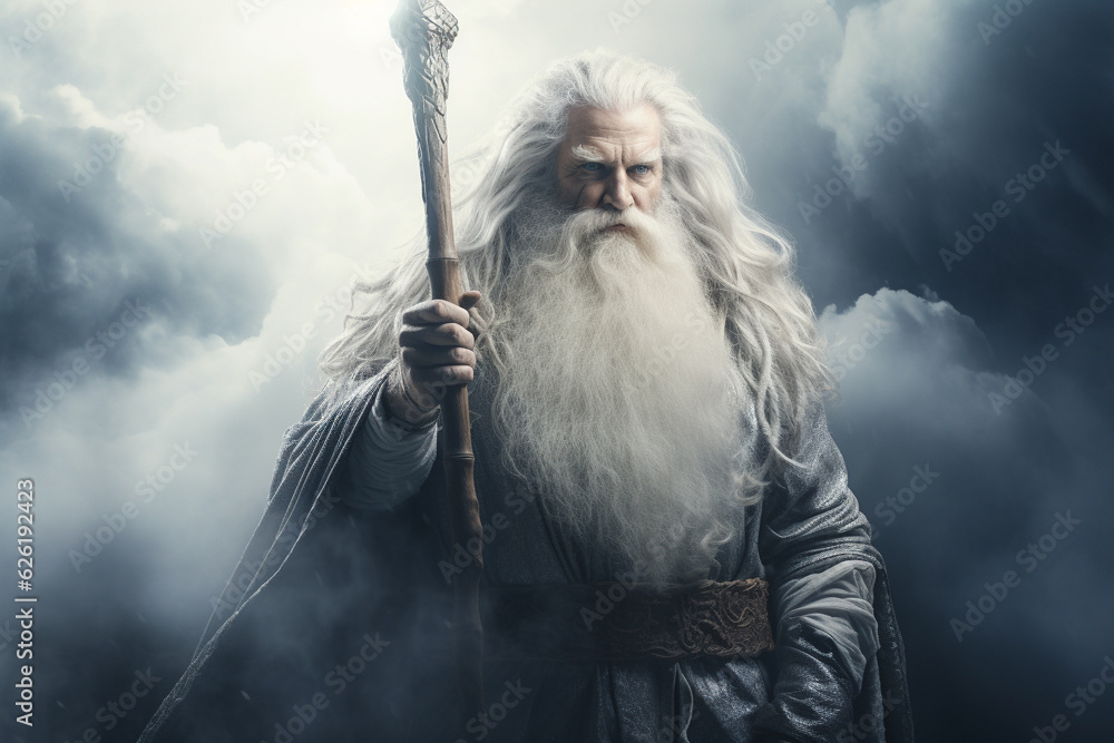 White-bearded wizard dressed in flowing white robes, casting a powerful ...