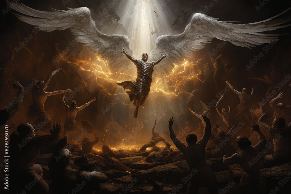 Angel surrounded by menacing dark forces and demons, showcasing the ...