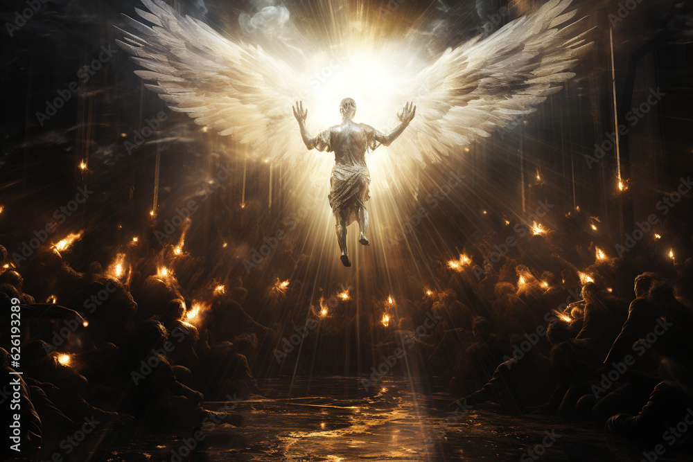 Angel surrounded by menacing dark forces and demons, showcasing the ...