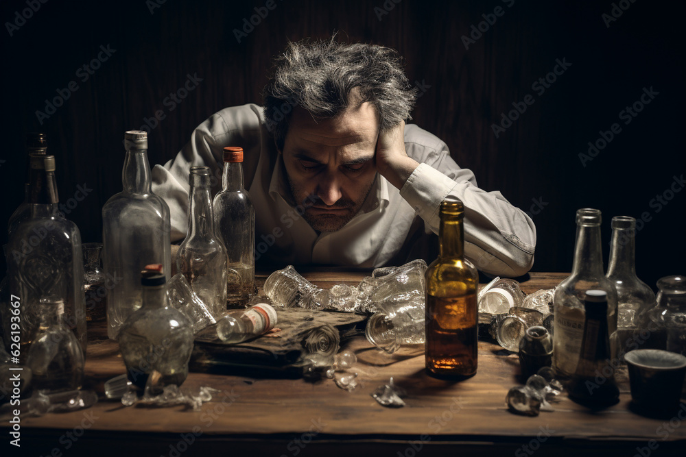 Depressed, drunk, and depraved man slumped over a table, surrounded by ...