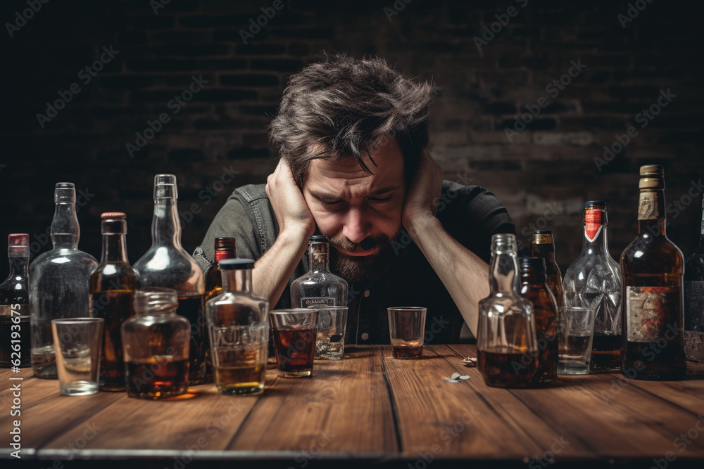 Depressed, drunk, and depraved man slumped over a table, surrounded by ...