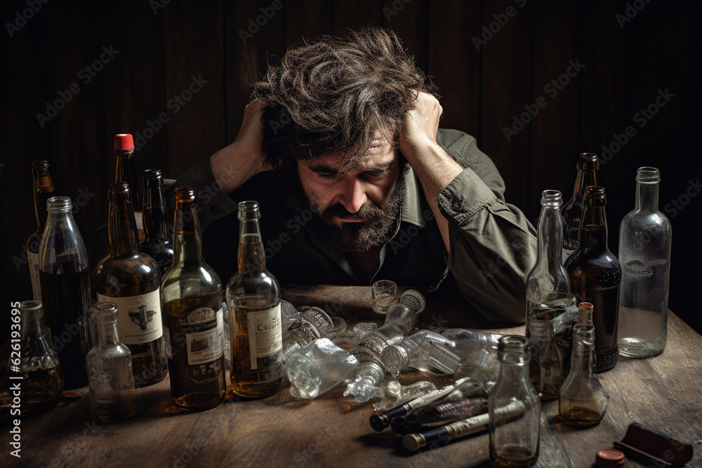 Depressed, drunk, and depraved man slumped over a table, surrounded by ...