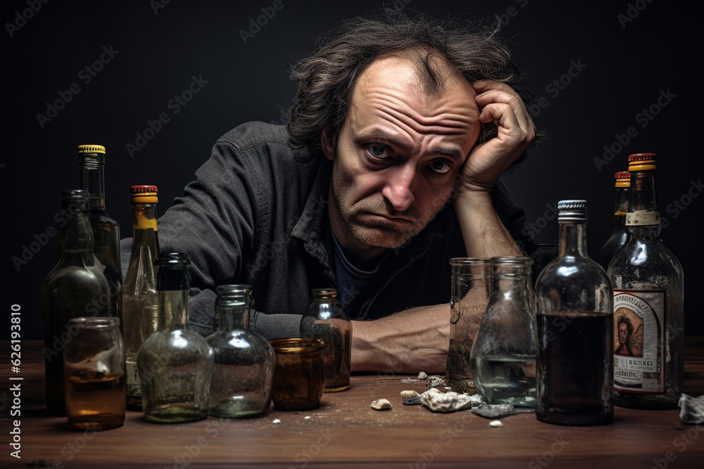 Depressed, drunk, and depraved man slumped over a table, surrounded by ...