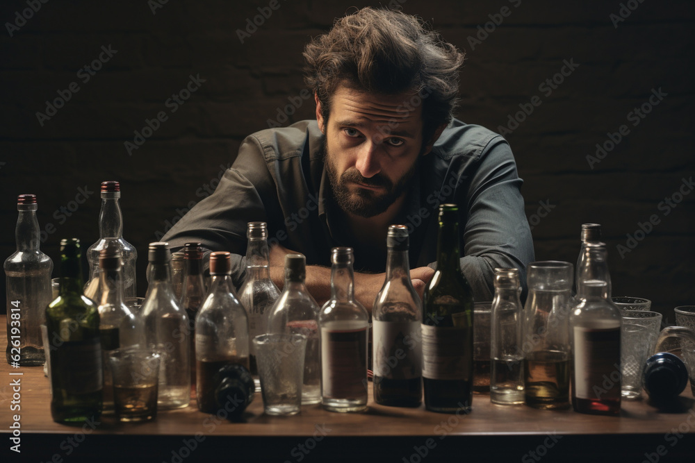 Depressed, drunk, and depraved man slumped over a table, surrounded by ...