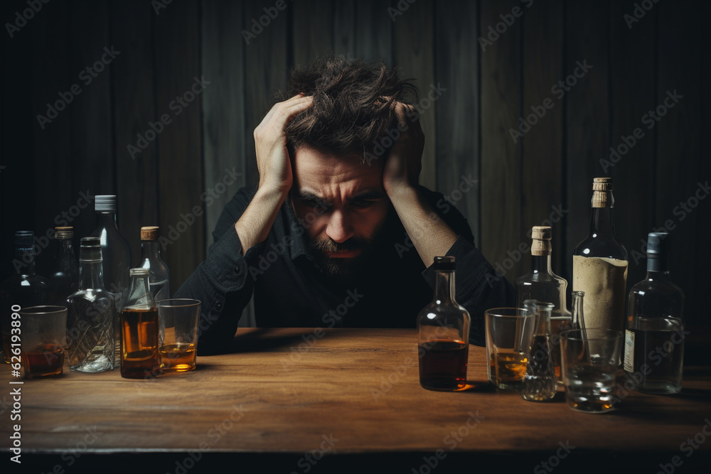 Stockillustratie Depressed, drunk, and depraved man slumped over a ...