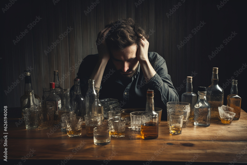 Depressed, drunk, and depraved man slumped over a table, surrounded by ...