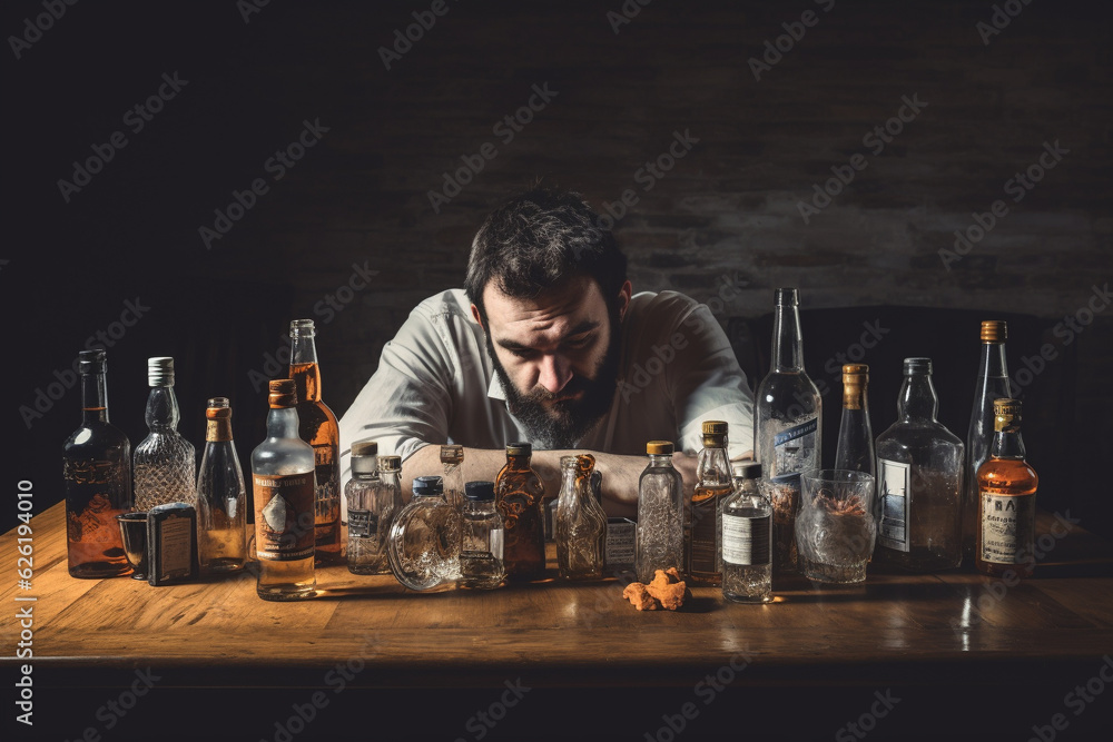 Depressed, drunk, and depraved man slumped over a table, surrounded by ...